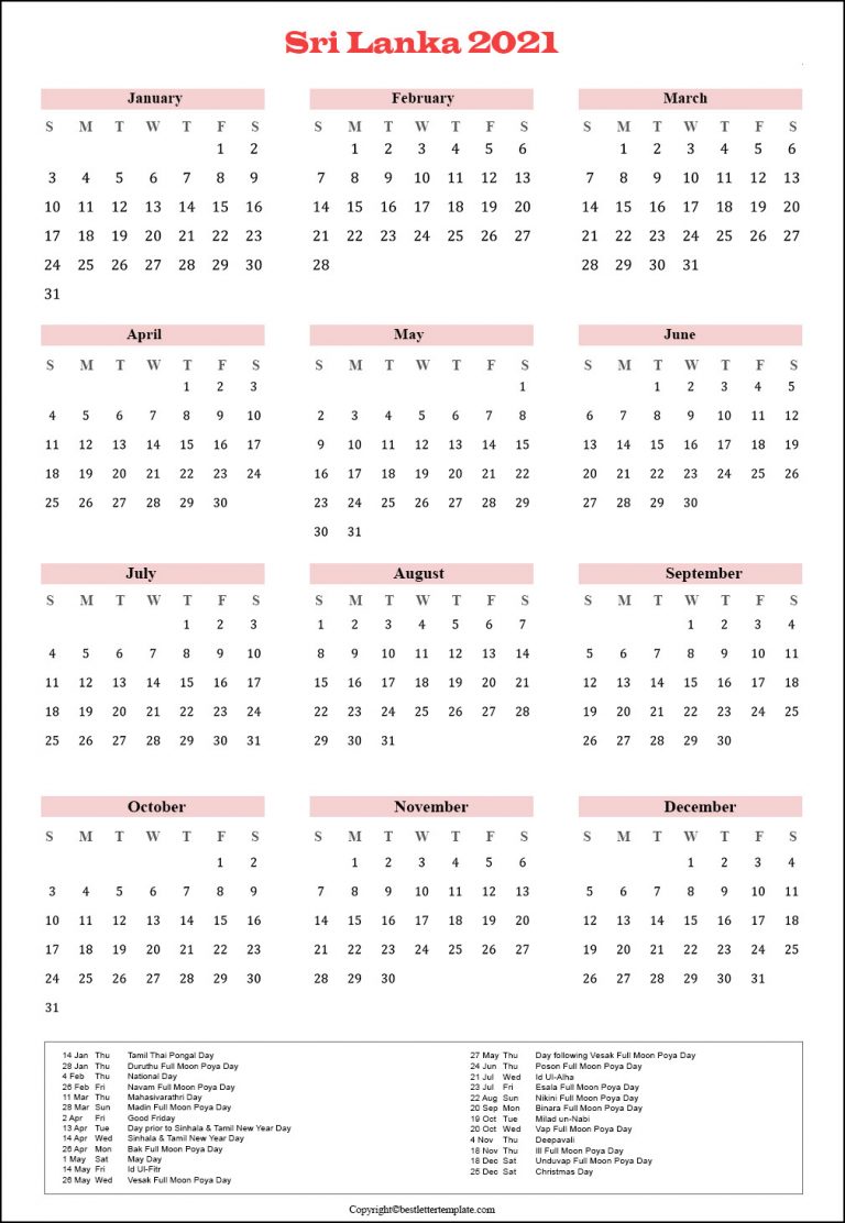 Free Printable Sri Lanka Calendar 2021 with Public Holidays