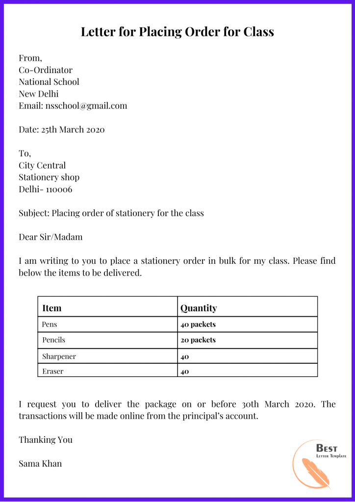 Sample Letter Templates For Placing Order Format Examples
