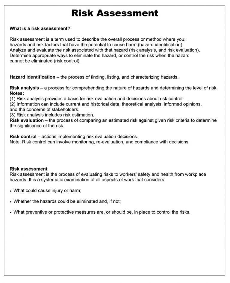 Free Sample Risk Assessment Template form with Definition