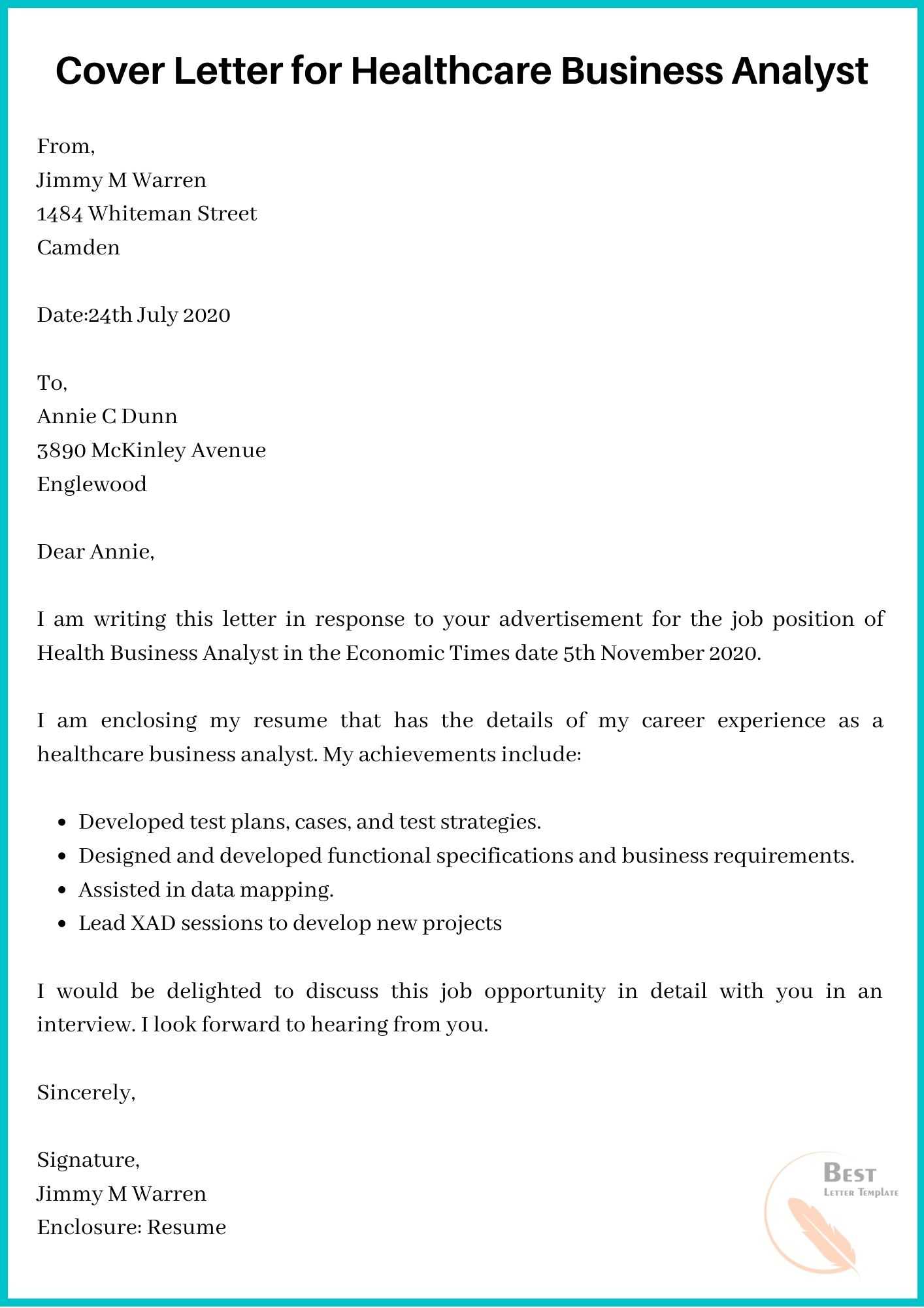 Sample Business Analyst Cover Letter Template with Examples