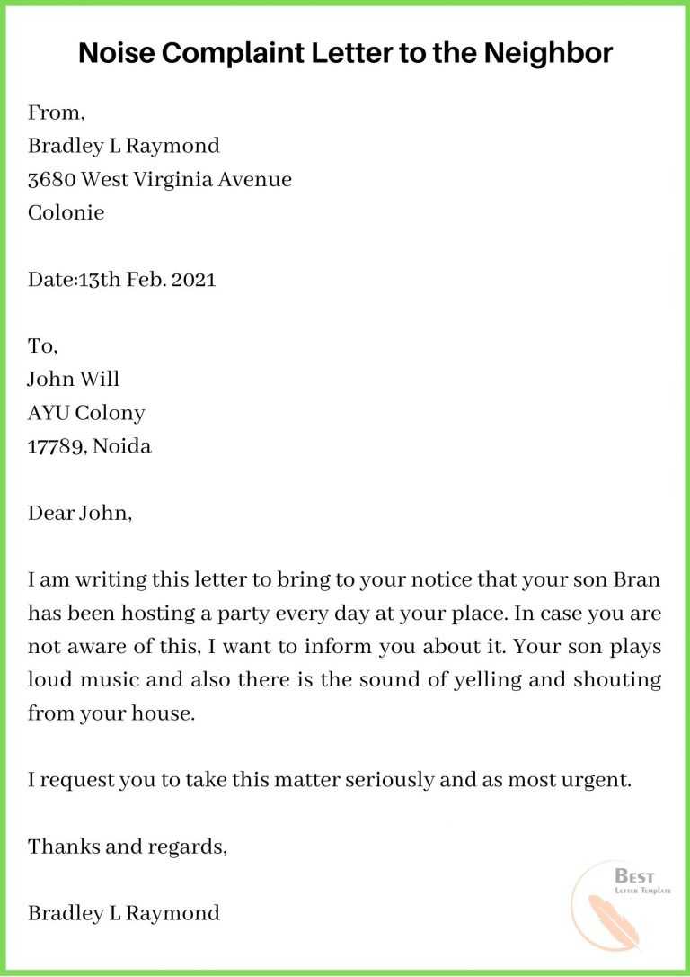 Sample Noise Complaint Letter Template with Examples