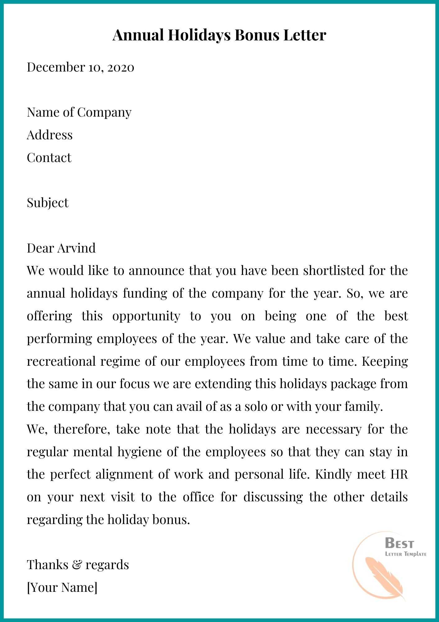 Employees Bonus Letter Template - Sample & Example