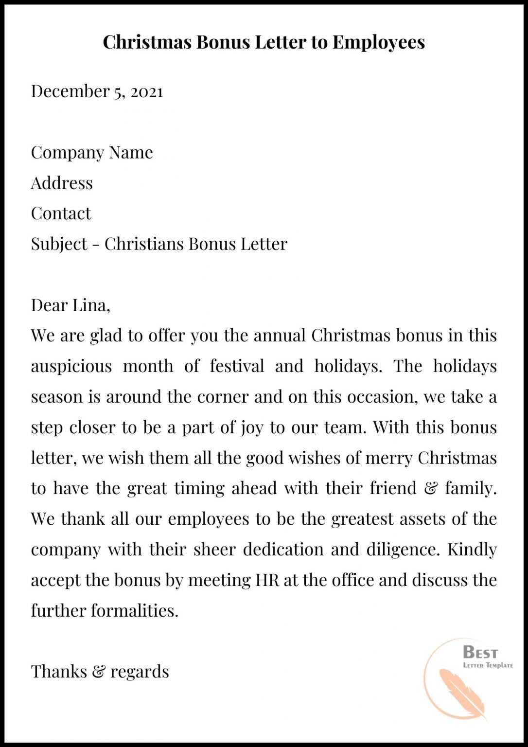 Employees Bonus Letter Template - Sample & Example
