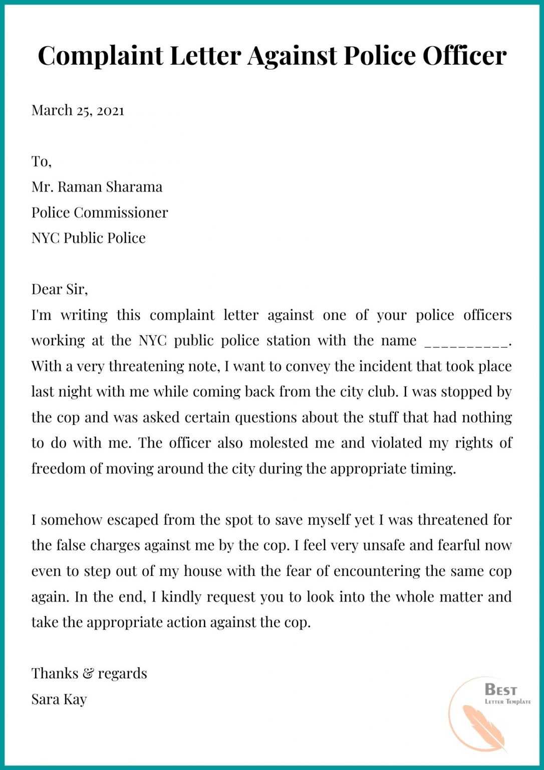 Sample Complaint Letter Against Police Officer with Example