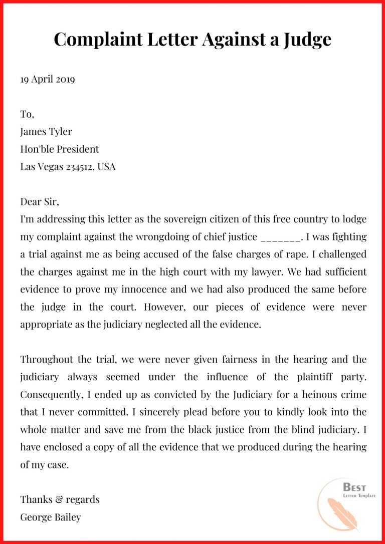 Complaint Letter Against a Judge Sample with Example