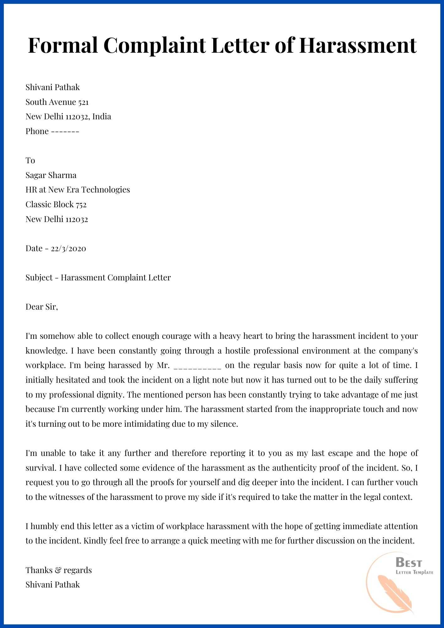 Formal Harassment Complaint letter Template Sample