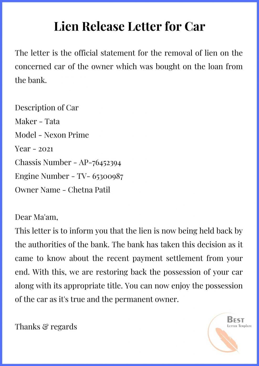 Title Lien Release Letter Template - Sample and Example