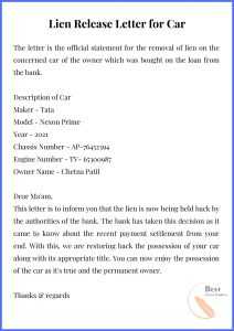 Title Lien Release Letter Template - Sample and Example