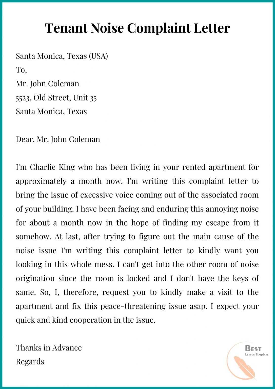 Tenant Complaint Letter Template - Sample with Example
