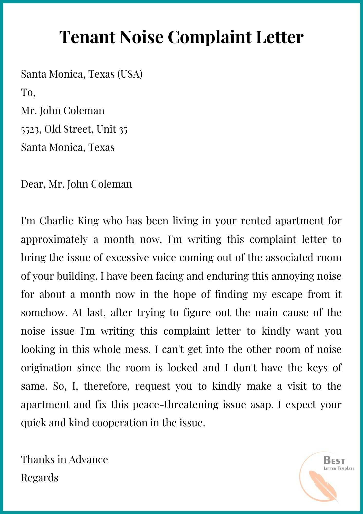 Tenant Complaint Letter Template - Sample with Example