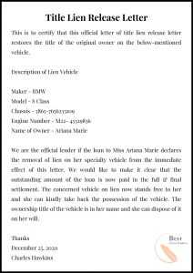 Title Lien Release Letter Template - Sample and Example