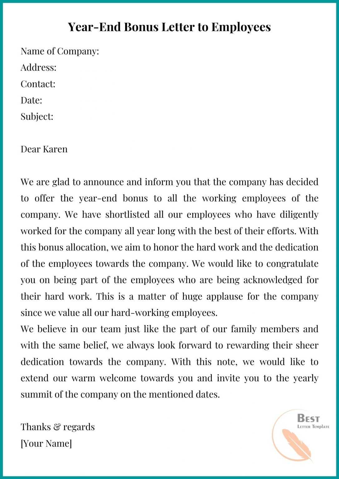 Employees Bonus Letter Template - Sample & Example