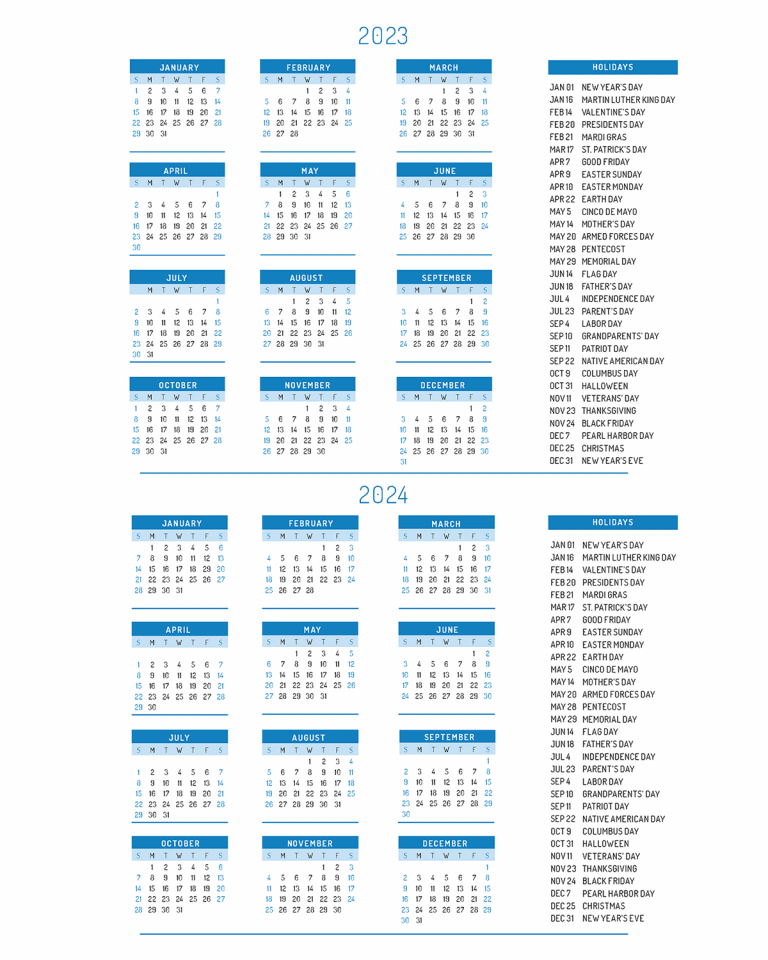 Free US Calendar 2023 with Public Holidays in PDF