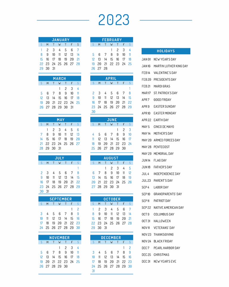 Free US Calendar 2023 with Public Holidays in PDF
